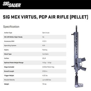 Sig Sauer MCX Virtus PCP Pellet Air Rifle | 30rd RPM .22LR Caliber Semi-Automatic Pre-Charged Pneumatic Rifle for Target Shooting Training