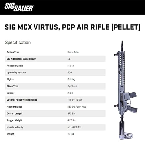 Sig Sauer MCX Virtus PCP Pellet Air Rifle | 30rd RPM .22LR Caliber Semi-Automatic Pre-Charged Pneumatic Rifle for Target Shooting Training