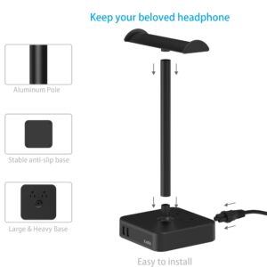 KAFRI Dual Headphone Stand with USB Charger Desk Gaming Double Headset Holder Hanger Rack with 2 USB Charging Port and 2 Outlet - Suitable for Gamer Desktop Table Game Earphone Accessories Gift