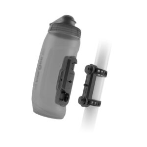 fidlock twist bottle 590 & uni base set - new leak-proof, self-sealing bottle cap - bike water bottle holder with no screws & attached bottle - cage free magnetic rack - smoke