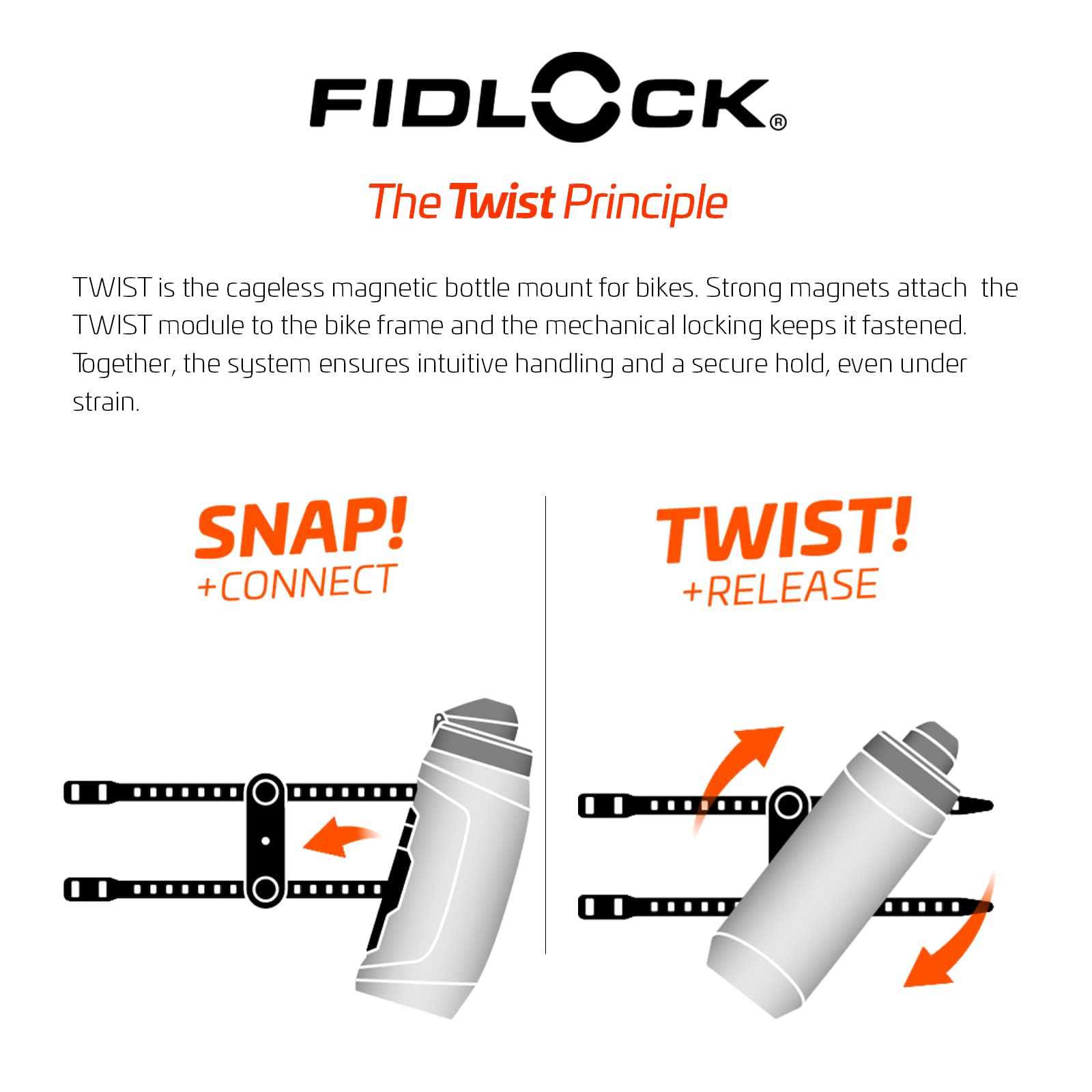 FIDLOCK Twist Bottle 590 & Uni Base Set - New Leak-Proof, Self-Sealing Bottle Cap - Bike Water Bottle Holder with No Screws & Attached Bottle - Cage Free Magnetic Rack - Smoke