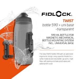 FIDLOCK Twist Bottle 590 & Uni Base Set - New Leak-Proof, Self-Sealing Bottle Cap - Bike Water Bottle Holder with No Screws & Attached Bottle - Cage Free Magnetic Rack - Smoke