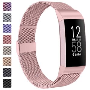 zwgkkygyh compatible with fitbit charge 4 and fitbit charge 3 bands for women men, rose gold stainless steel mesh magnetic metal band replacement accessories bracelet strap for women men, large