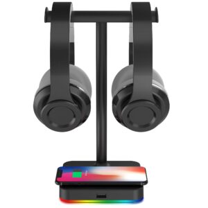 kafri rgb dual headphone stand with wireless charger desk gaming double headset holder hanger rack with 10w/7.5w qi charging pad and qc 3.0 usb port - suitable for gamer desktop table game earphone