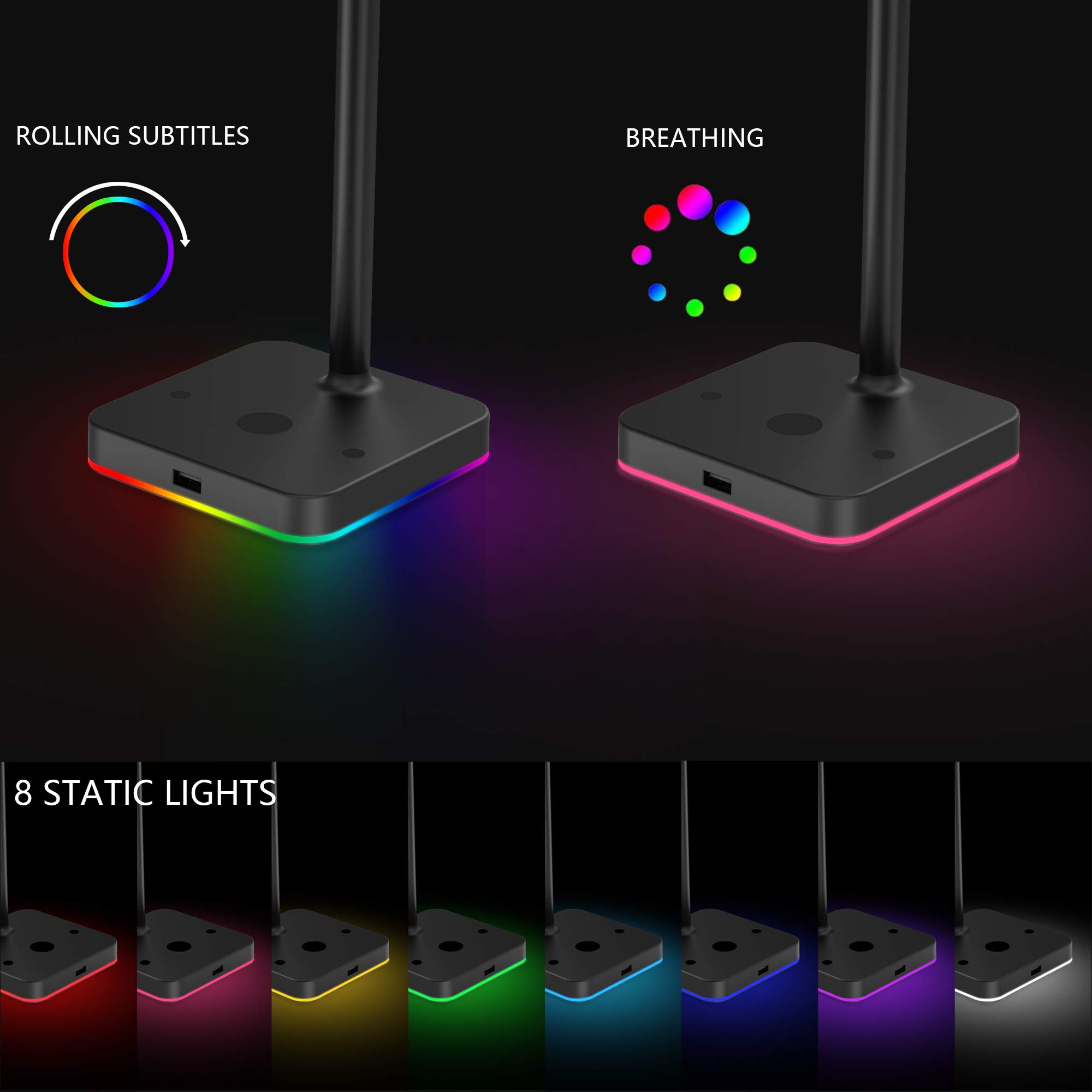 KAFRI RGB Dual Headphone Stand with Wireless Charger Desk Gaming Double Headset Holder Hanger Rack with 10W/7.5W QI Charging Pad and QC 3.0 USB Port - Suitable for Gamer Desktop Table Game Earphone