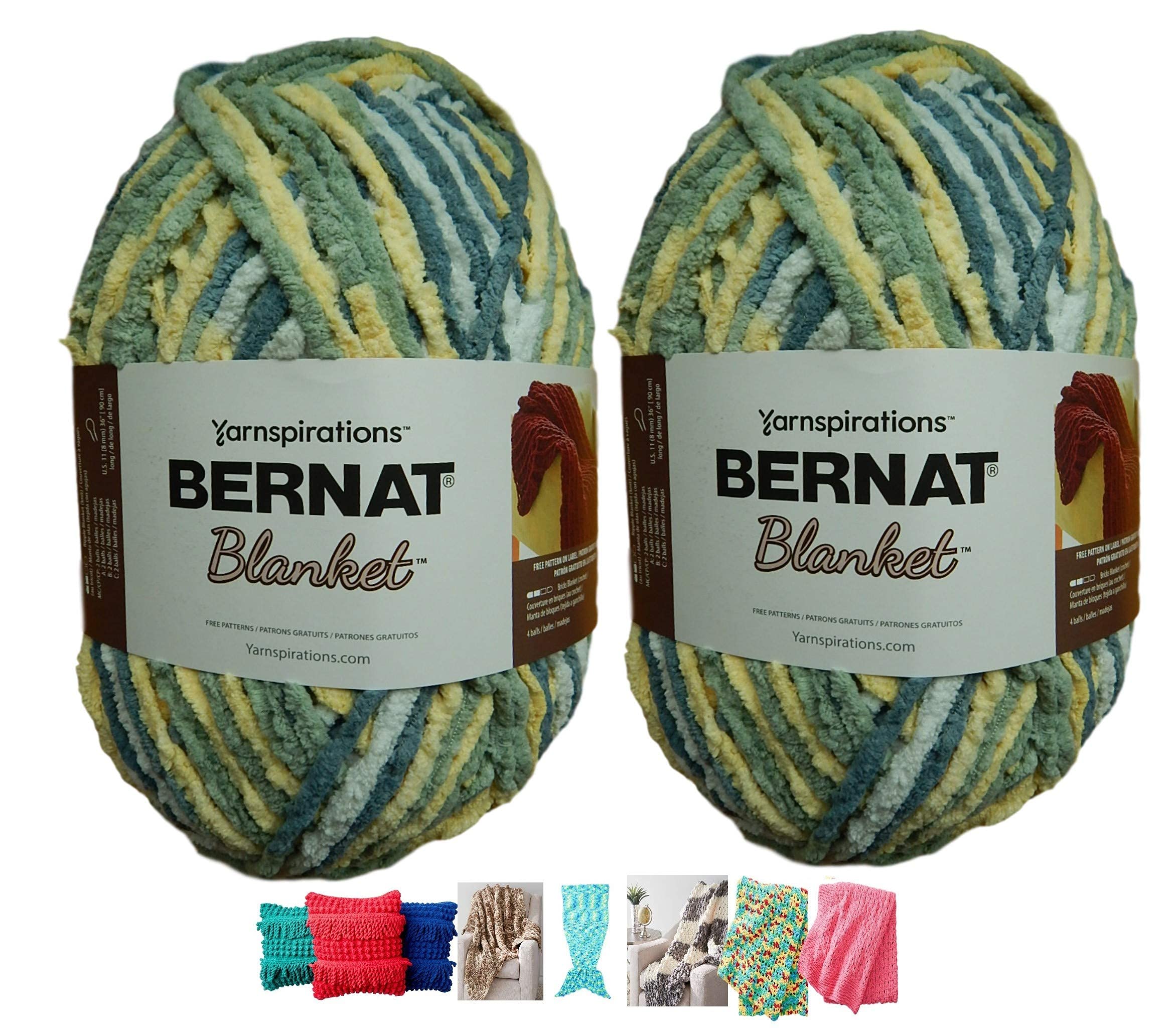 Big Ball Blanket Yarn 2-Pack Bundle by Bernat Plus 6 Blanket Yarn Patterns Super Bulky #6 10.5 Ounce Ball 220 Yards (Soft Sunshine Green)