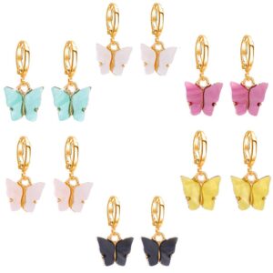 small gold hoop butterfly earrings, dorafo 6 pairs colorful gold huggie hoop dangle earrings, cute dangling acrylic butterfly earrings set for women - mix colors