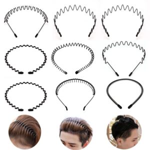 9pcs metal headband spring wavy hair band unisex hairband for men women sport hair hoop non-slip headwear hair accessories (black)