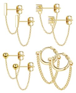 yadoca 4 pairs chain earrings for women cz ball bar huggie hoop piercing dangle chain stud earring set gold