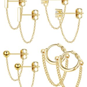 YADOCA 4 Pairs Chain Earrings for Women CZ Ball Bar Huggie Hoop Piercing Dangle Chain Stud Earring Set Gold