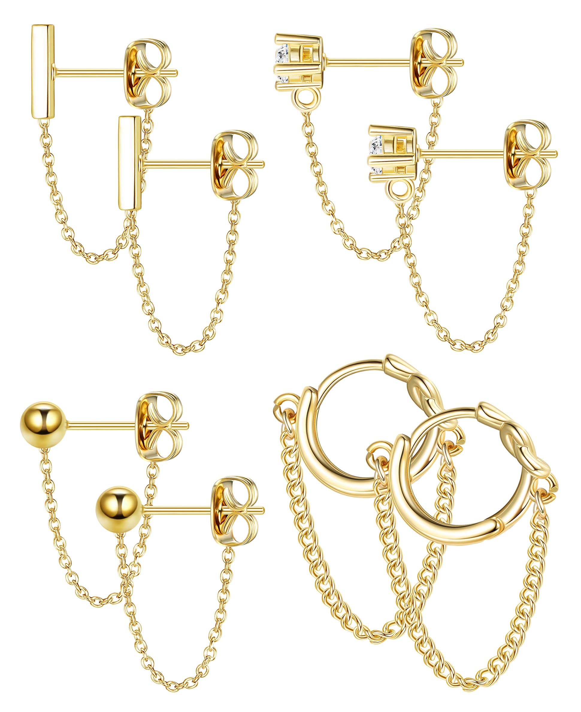 YADOCA 4 Pairs Chain Earrings for Women CZ Ball Bar Huggie Hoop Piercing Dangle Chain Stud Earring Set Gold