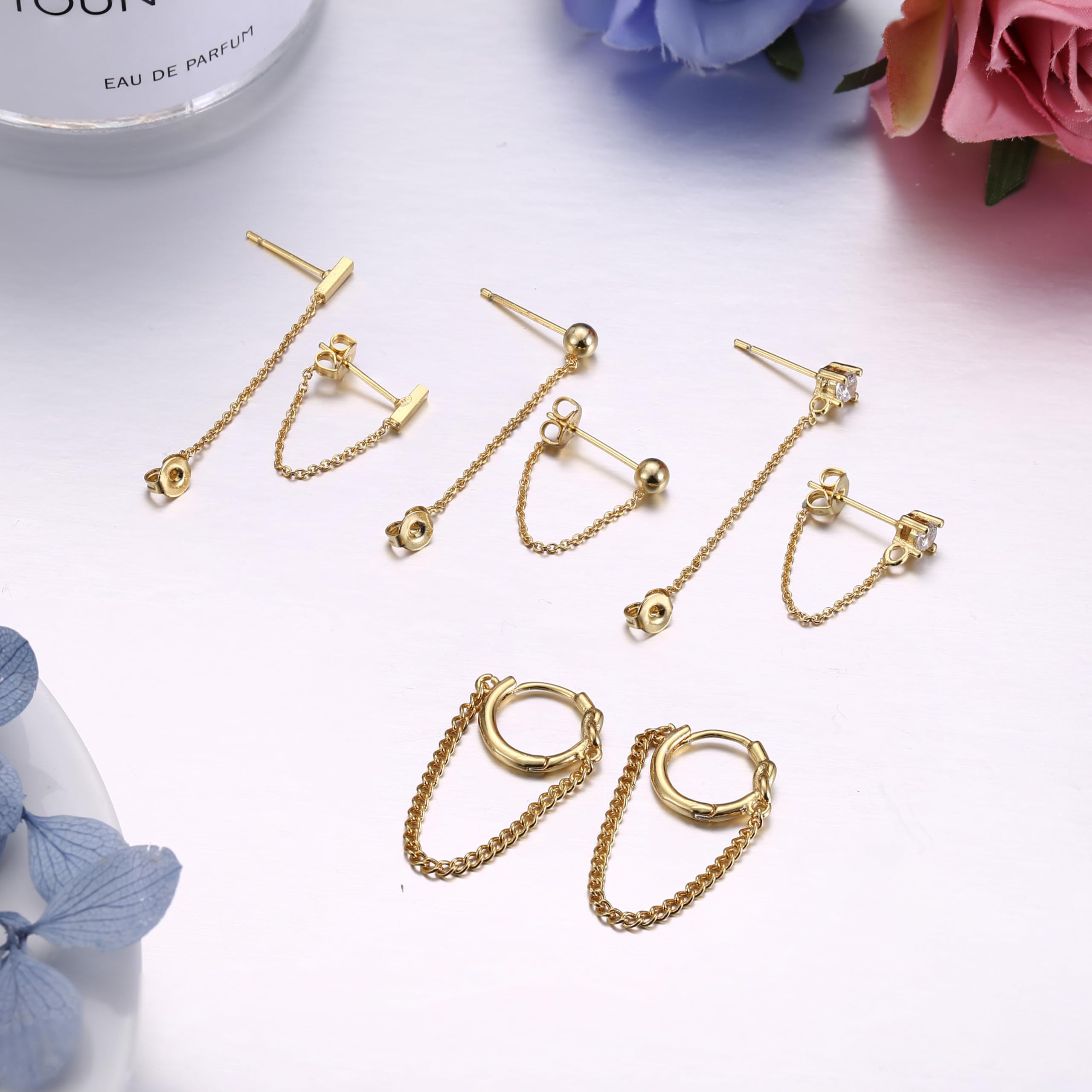 YADOCA 4 Pairs Chain Earrings for Women CZ Ball Bar Huggie Hoop Piercing Dangle Chain Stud Earring Set Gold