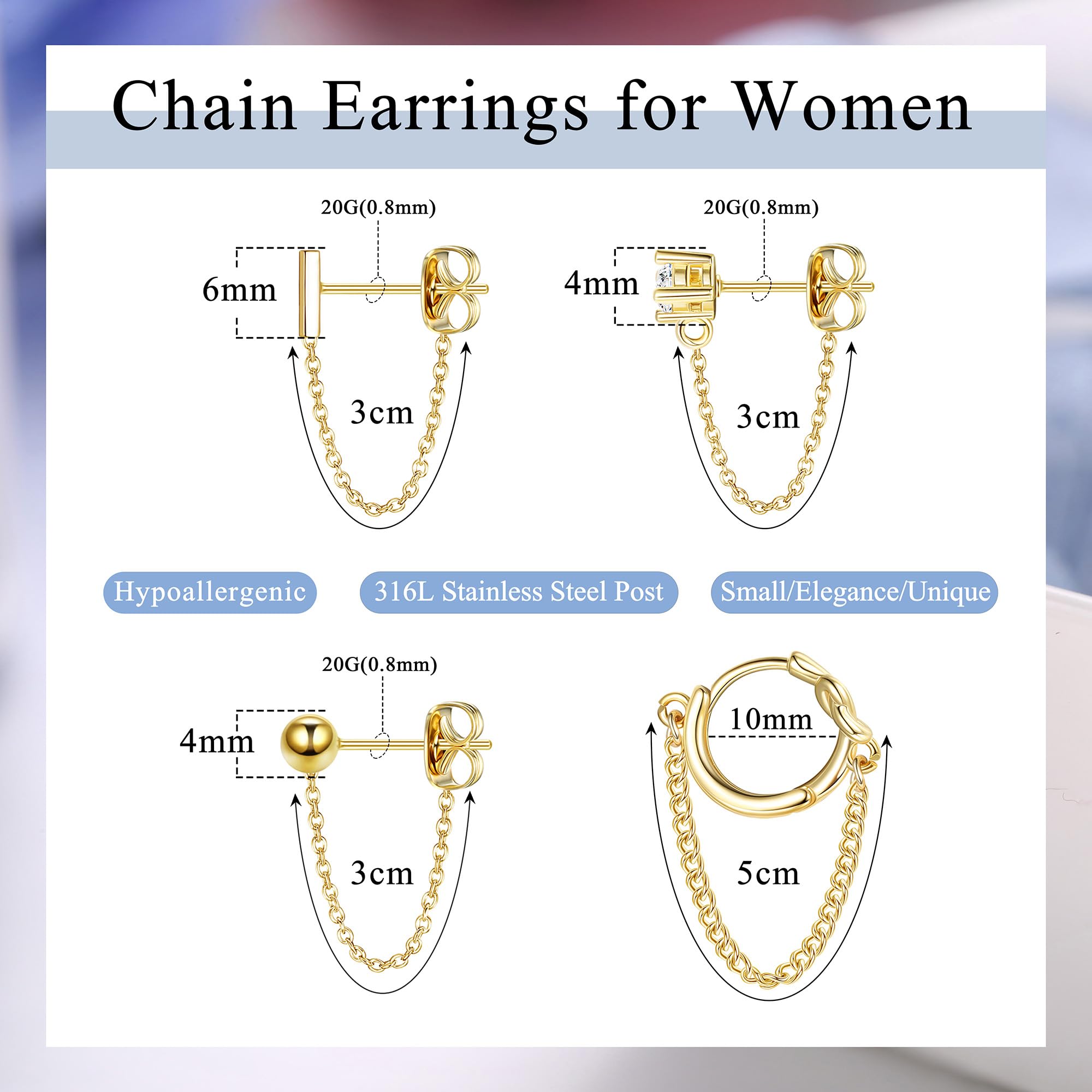 YADOCA 4 Pairs Chain Earrings for Women CZ Ball Bar Huggie Hoop Piercing Dangle Chain Stud Earring Set Gold