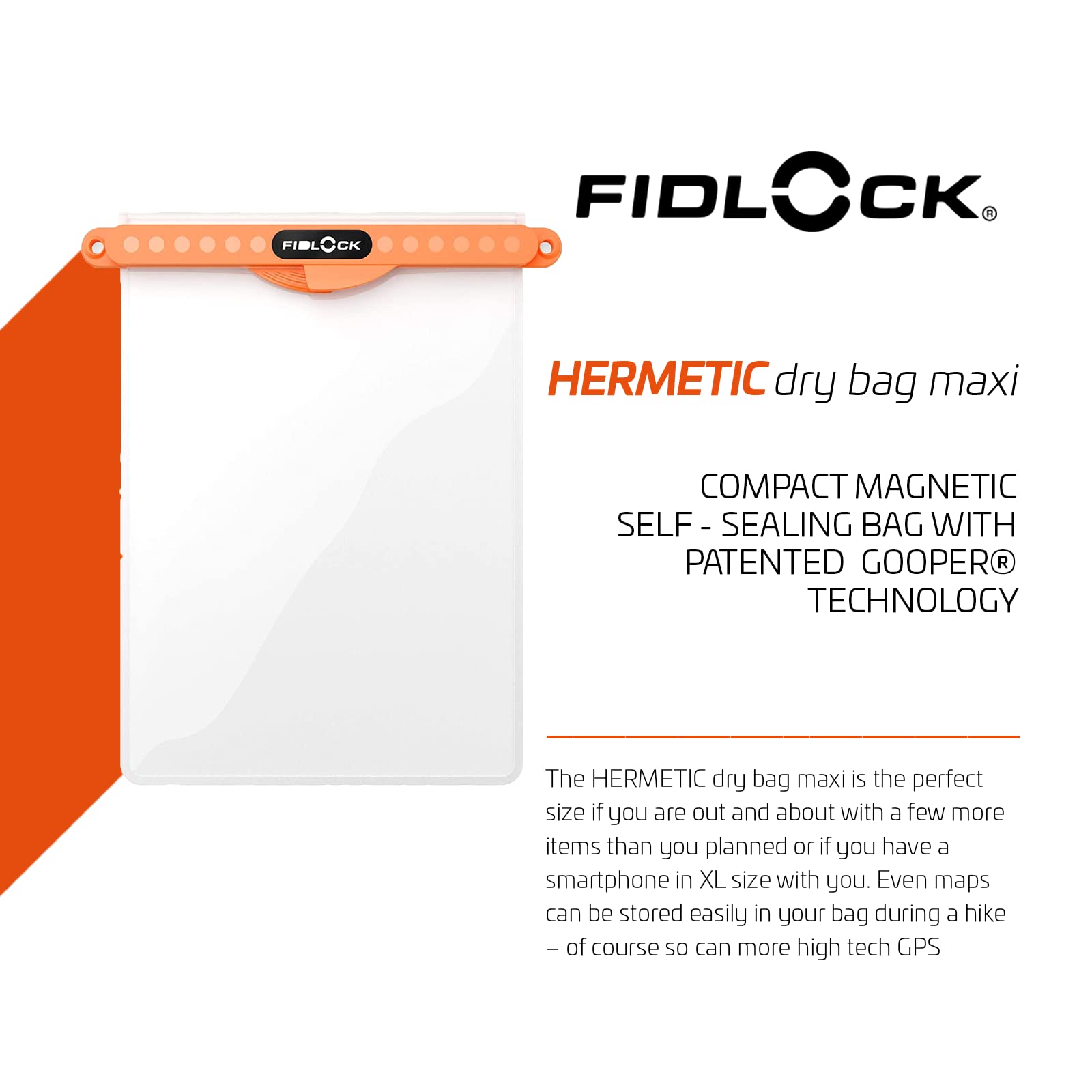 FIDLOCK Hermetic Dry Bag Maxi - Flexible Magnetic Self-Sealing Bag for Cellphone | 100% Waterproof and Sand Proof - Practical Size with a Large Opening, with Lanyard included - Orange Transparent