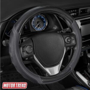 motor trend ultrasport gray carbon fiber steering wheel cover, standard 15 inch size, black faux leather comfort grip, car steering wheel cover for auto truck van suv