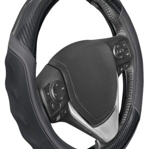 Motor Trend UltraSport Gray Carbon Fiber Steering Wheel Cover, Standard 15 inch Size, Black Faux Leather Comfort Grip, Car Steering Wheel Cover for Auto Truck Van SUV