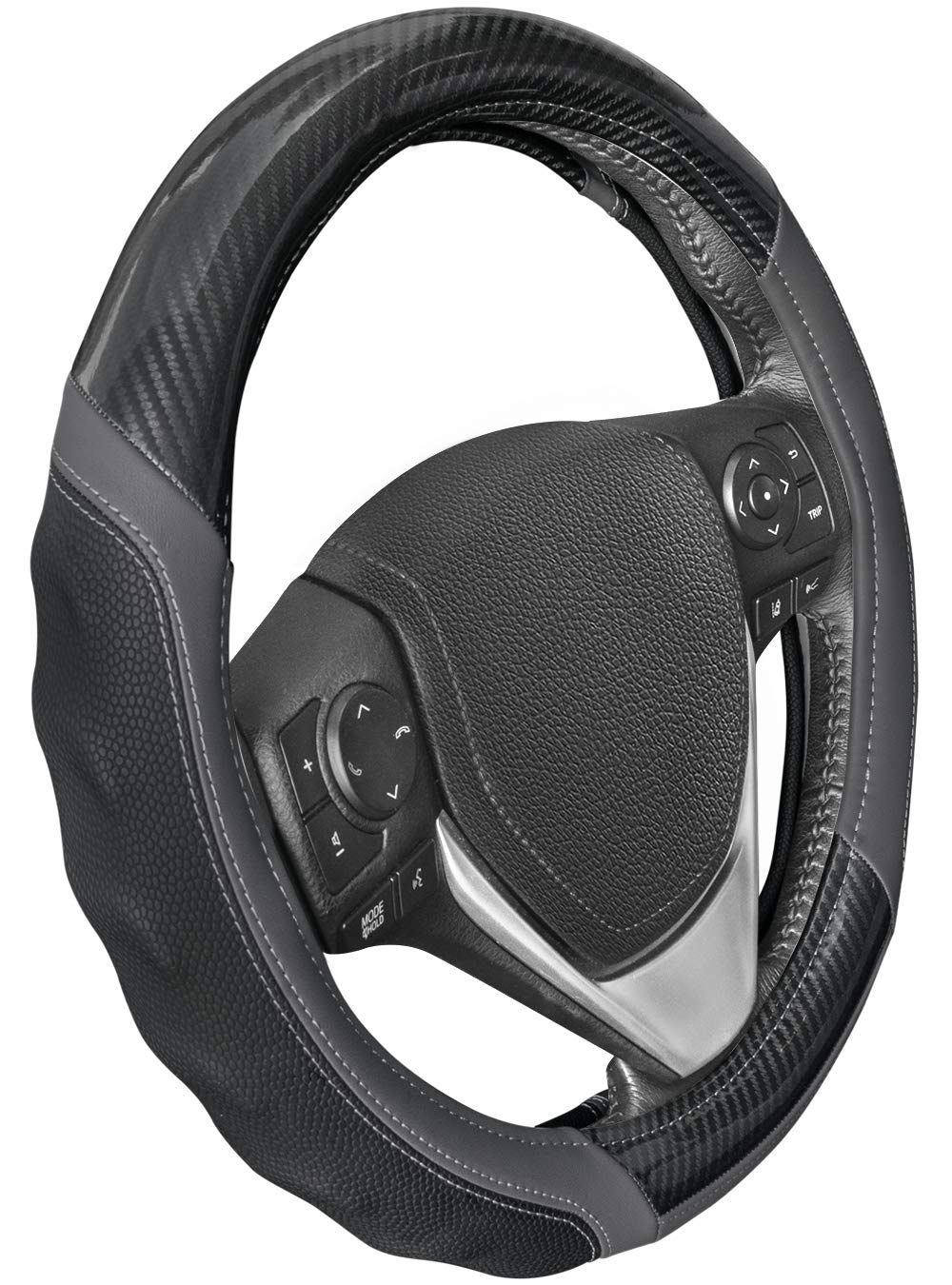 Motor Trend UltraSport Gray Carbon Fiber Steering Wheel Cover, Standard 15 inch Size, Black Faux Leather Comfort Grip, Car Steering Wheel Cover for Auto Truck Van SUV