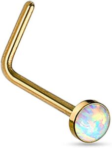 body mind 20g synthetic opal set flat top pvd over 316l surgical steel l bend stud nose rings (gold)