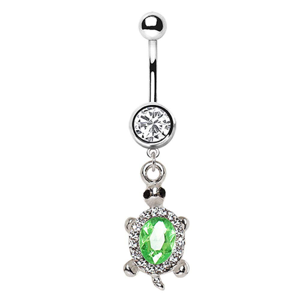 Pierced Owl 14G Stainless Steel Green CZ Crystal Turtle Dangling Belly Button Ring