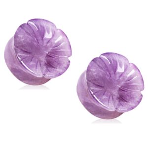 pierced owl natural amethyst stone flower double flared saddle plug gauges, sold as a pair (10mm (00ga))