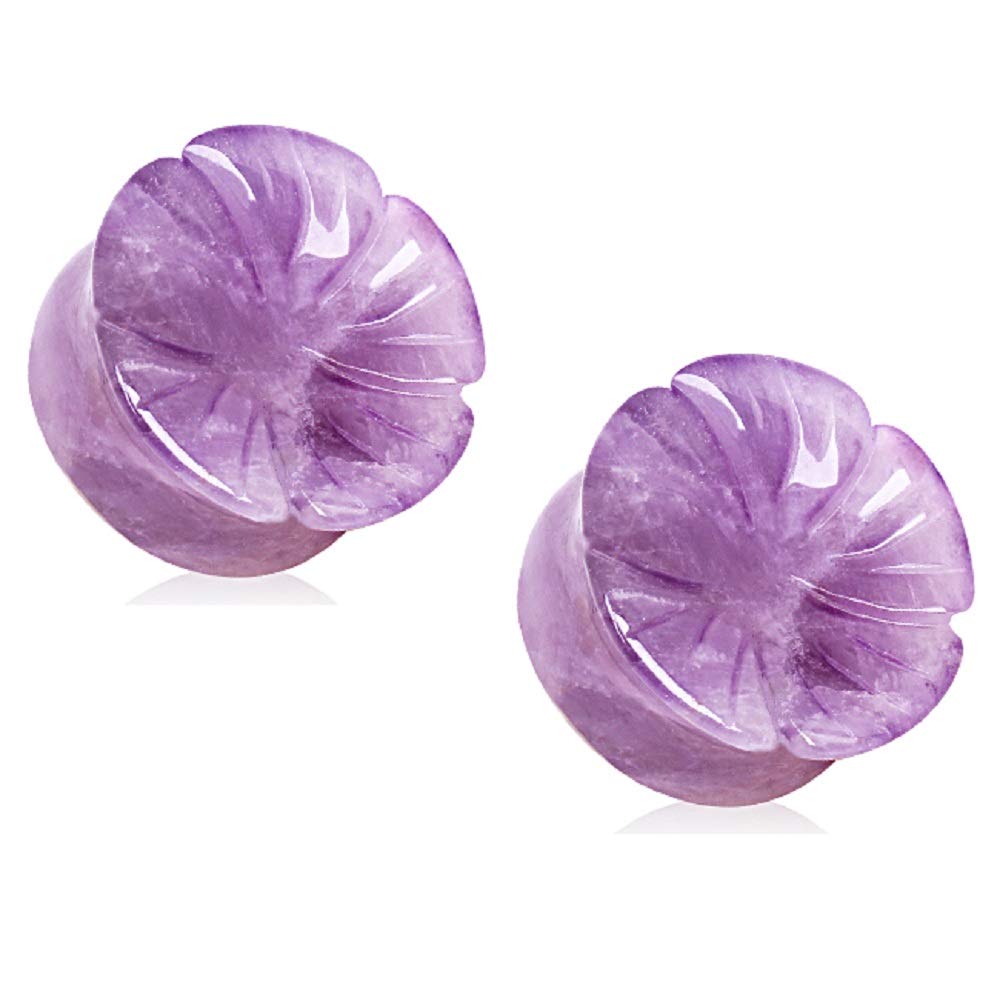 Pierced Owl Natural Amethyst Stone Flower Double Flared Saddle Plug Gauges, Sold as a Pair (10mm (00GA))