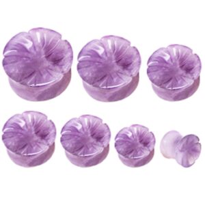 Pierced Owl Natural Amethyst Stone Flower Double Flared Saddle Plug Gauges, Sold as a Pair (10mm (00GA))