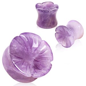 Pierced Owl Natural Amethyst Stone Flower Double Flared Saddle Plug Gauges, Sold as a Pair (10mm (00GA))