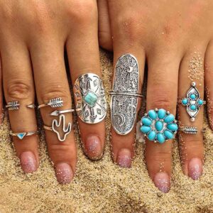 elabest boho western ring set turquoise cactus arrow joint knuckle finger rings sets for women