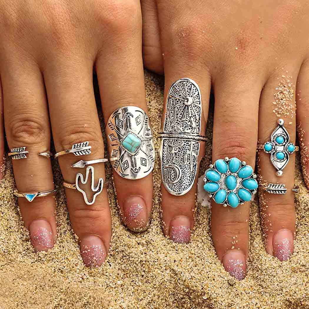 ELABEST Boho Western Ring Set Turquoise Cactus Arrow Joint Knuckle Finger Rings Sets for Women