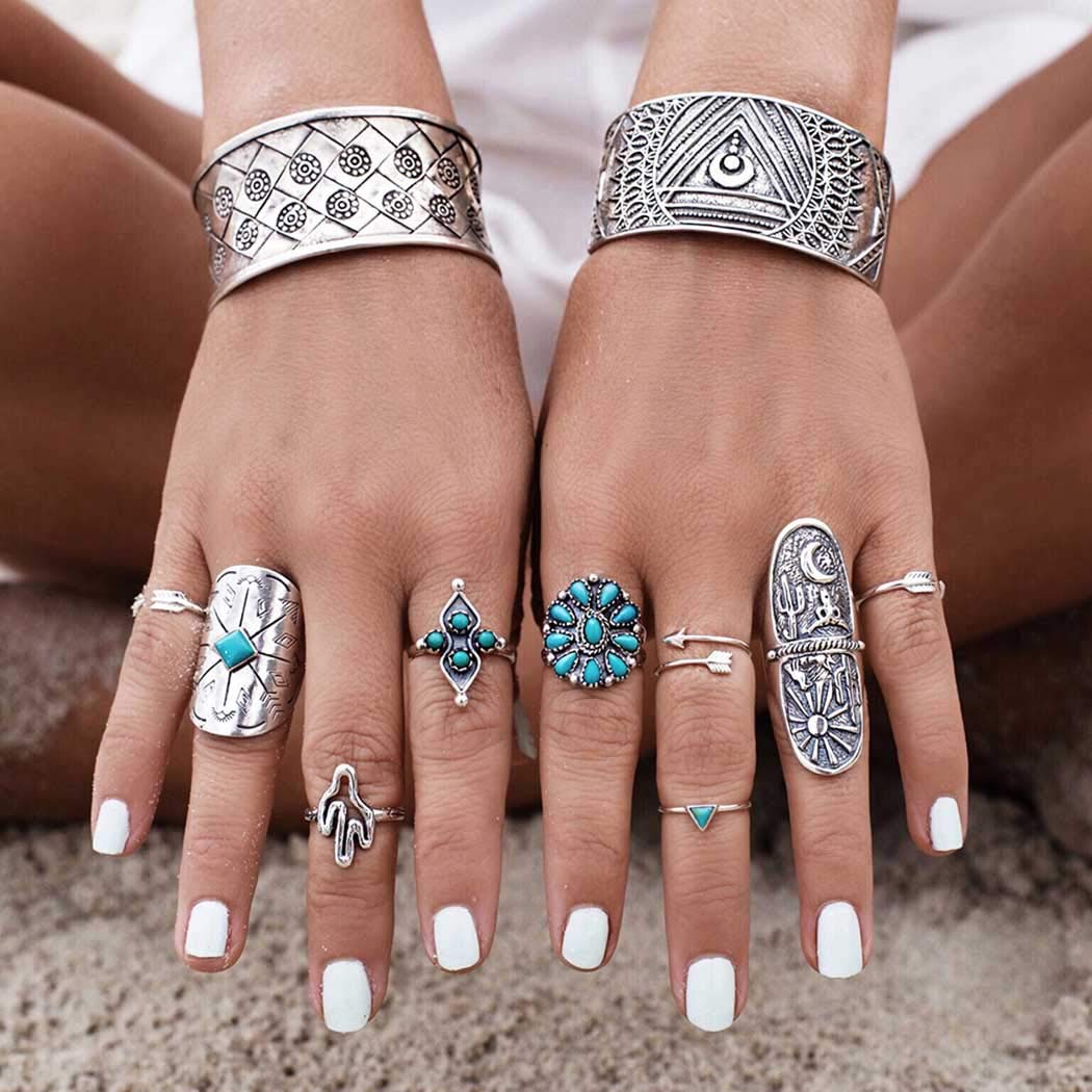 ELABEST Boho Western Ring Set Turquoise Cactus Arrow Joint Knuckle Finger Rings Sets for Women