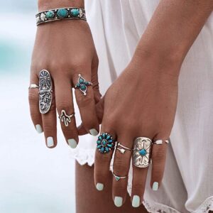 ELABEST Boho Western Ring Set Turquoise Cactus Arrow Joint Knuckle Finger Rings Sets for Women