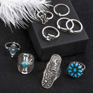 ELABEST Boho Western Ring Set Turquoise Cactus Arrow Joint Knuckle Finger Rings Sets for Women