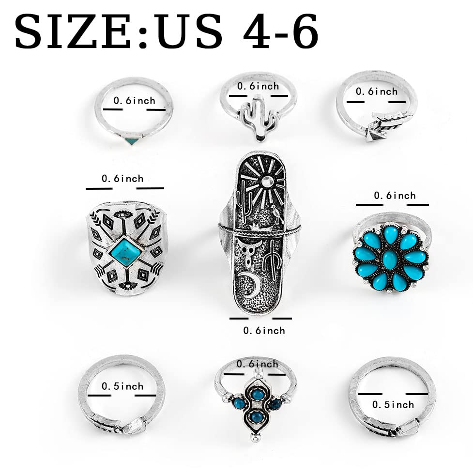 ELABEST Boho Western Ring Set Turquoise Cactus Arrow Joint Knuckle Finger Rings Sets for Women