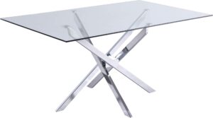 meridian furniture xander collection modern | contemporary tempered glass top dining table with durable metal base, 60" w x 36" d x 30" h, silver finish