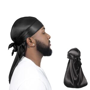 forcewave 2 pieces silky durag pack for men women waves, premium satin deluxe du-rag (black black)