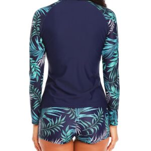 Daci Women Blue Leaves Two Piece Rash Guard Long Sleeve Swimsuits UV UPF 50+ Swim Shirt Bathing Suit with Boyshort Bottom XS