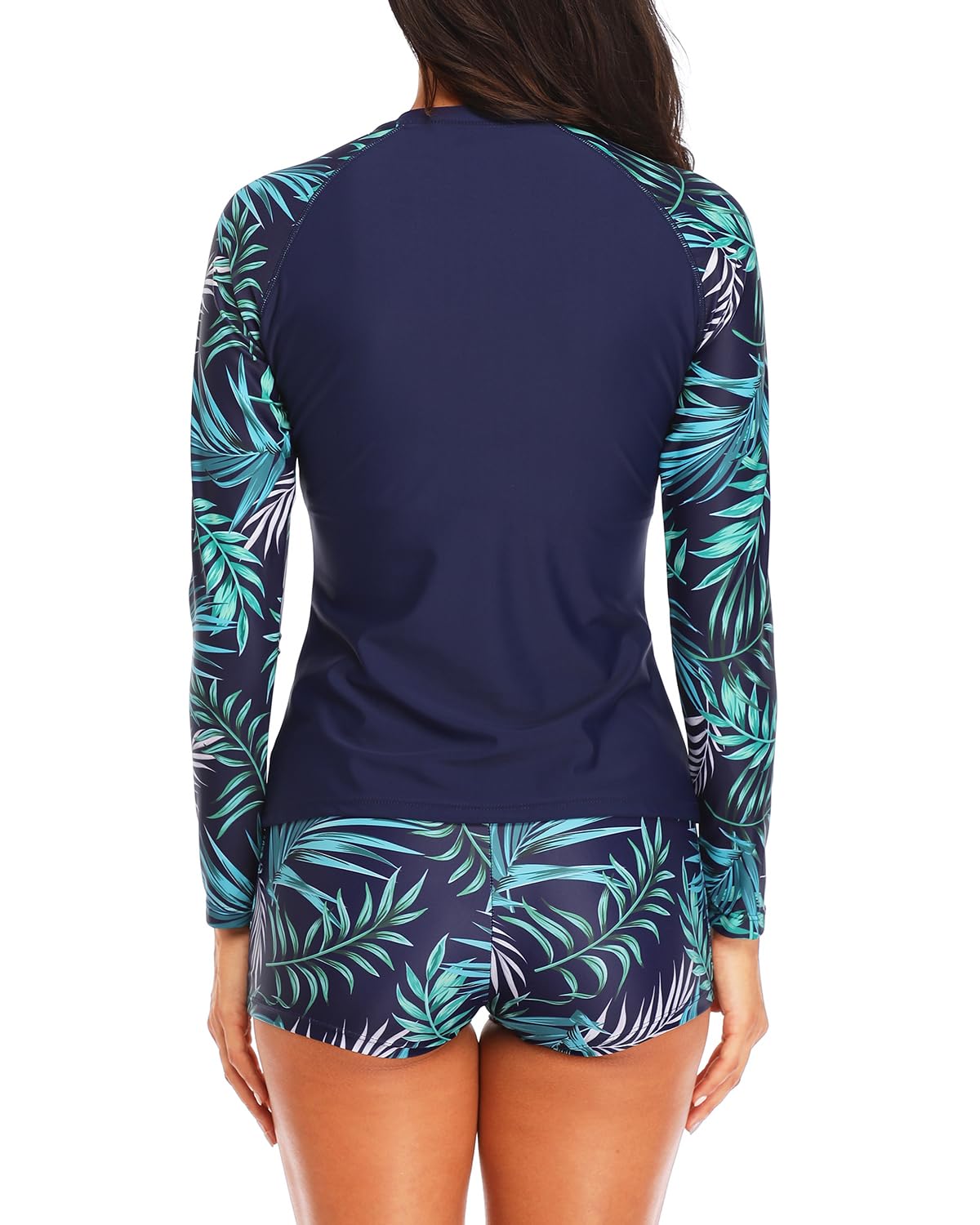 Daci Women Blue Leaves Two Piece Rash Guard Long Sleeve Swimsuits UV UPF 50+ Swim Shirt Bathing Suit with Boyshort Bottom XS