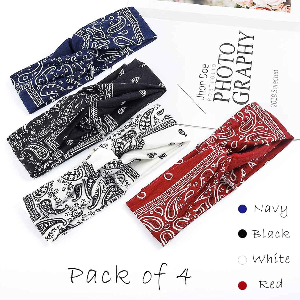 Urieo Boho Headbands Stretch Paisley Print Bandana Headband Criss Cross Hair Bands Knotted Head Wrap Yoga Daily for Women and Girls (Pack of 4) (A)