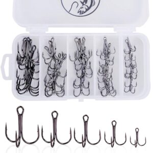 ucec fishing hooks treble hooks kit for saltwater freshwater, high carbon steel hooks strong sharp round bend for catfish trout hard baits lures fishing, size 2# 4# 6# 8# 10#, 50pcs/box