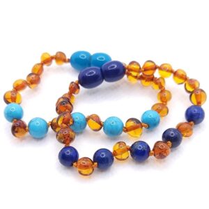 Blue Rabbit Co Two Amber Bracelets (~5.20-5.25 inches) | GIA Certified 100% Pure Baltic Amber - Unisex (Cognac/Turquoise Amber Jewelry)