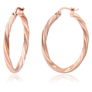 michael zweig rose gold plated sterling silver twist hoop earrings with click-top tube size 2.0mm hoops outside diameter 30mm