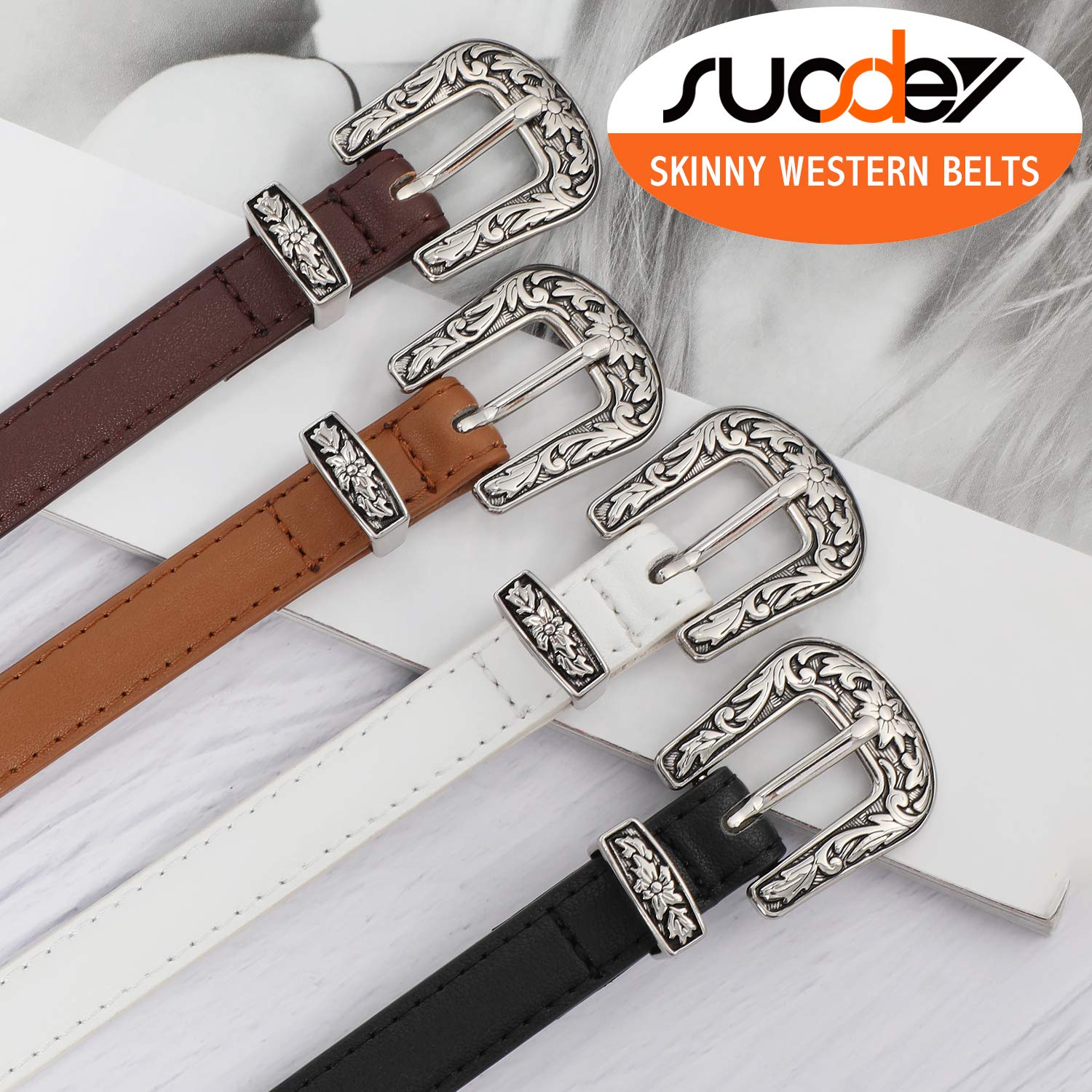 SUOSDEY Black Women Western Skinny Leather Belts Adjustable Fashion Thin Waist Belt for Dresses With Vintage Buckle