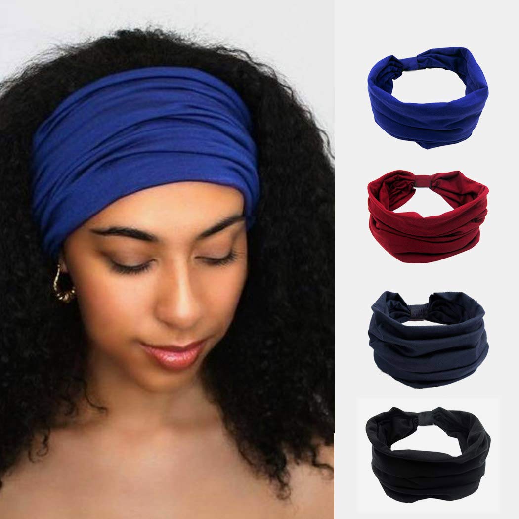 Woeoe African Headbands Knotted Hairbands Black Yoga Sport Head Wraps Wide Elastic Head Scarf for Women and Girls (Pack of 4)