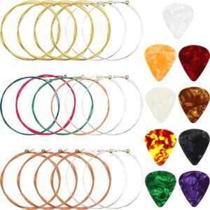 3 sets acoustic guitar strings replacement steel guitar strings (gold, brass, multicolor) with 9 pieces celluloid guitar picks 3 sizes for electric acoustic guitar beginners performers