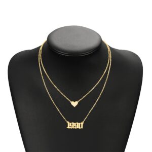 18K Gold Plated Birth Year Initial Necklace with Heart, Old English Lucky Number Choker Personalized Letter Necklace Layer Pendant Charm Gift for Women, Best Friend