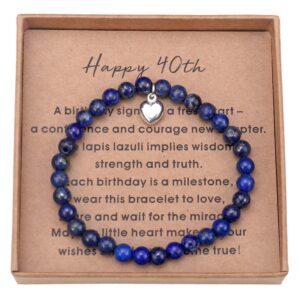 40 birthday gifts for women turning 40 - lapis lazuli bead bracelet with sterling silver heart charm with card and gift box