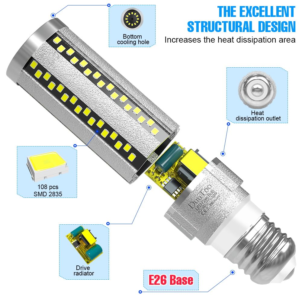 DuuToo 2Pack 250Watts Equivalent LED Corn Lights Bulb 2896Lumens 6000K Daylight Lamp 20W E26 Base Ceiling Fan Bulbs AC100-277V for Home Garage Warehouse Yards Porch Indoor Outdoor Large Area Lighting