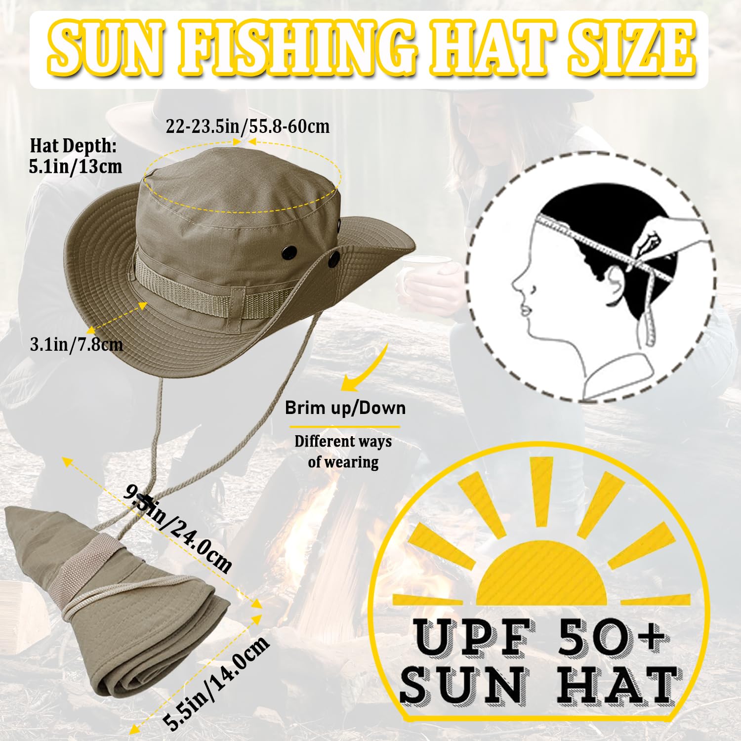 Taeku Fishing Hat, Wide Brim Boonie Hat Sun Protection Cap Breathable Safari Hat for Man Woman (Khaki)