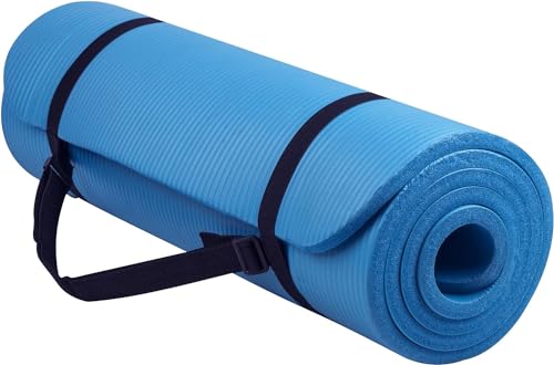 Signature Fitness 1/2-Inch Extra Thick High Density Anti-Tear Exercise Yoga Mat with Carrying Strap, Blue