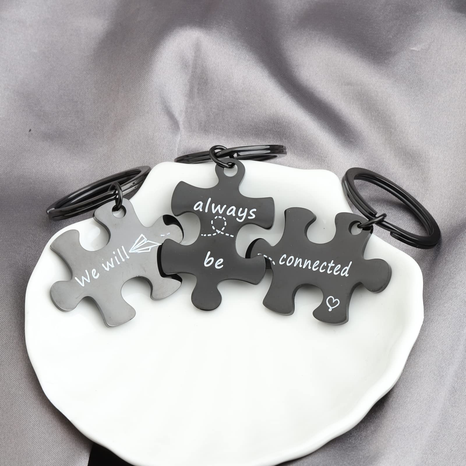 MYOSPARK We Will Always Be Connected Puzzle Keychain Set Of 3 Long Distance Relationship Gift For Best Friends Family (3PCS Connected Keychain black)